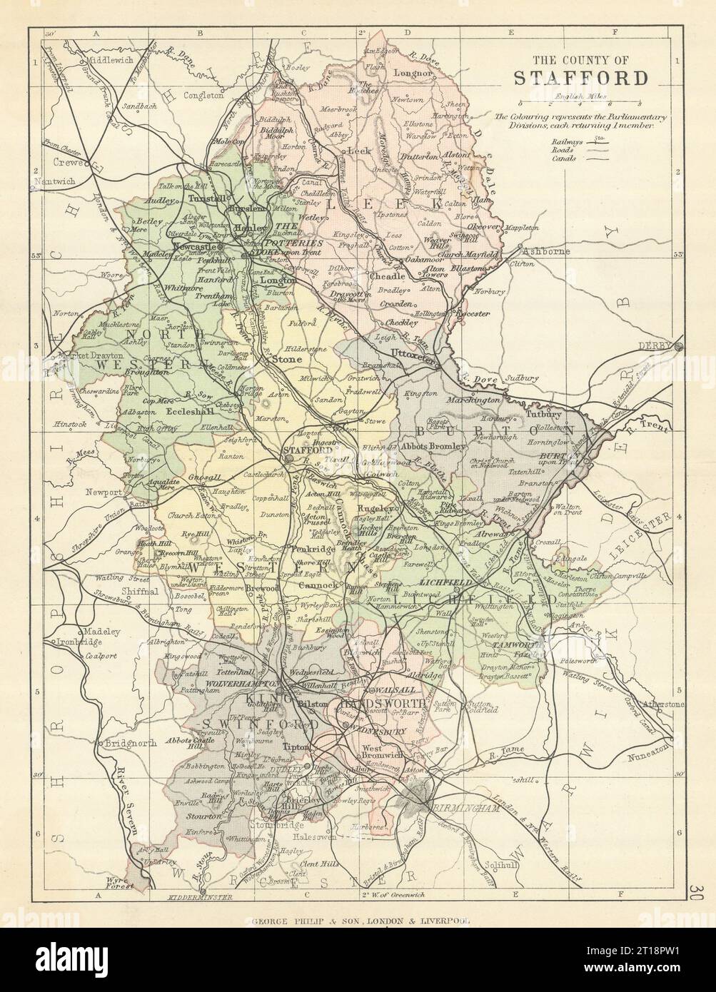 STAFFORDSHIRE. Antique county map. Railways canals. Constituencies ...