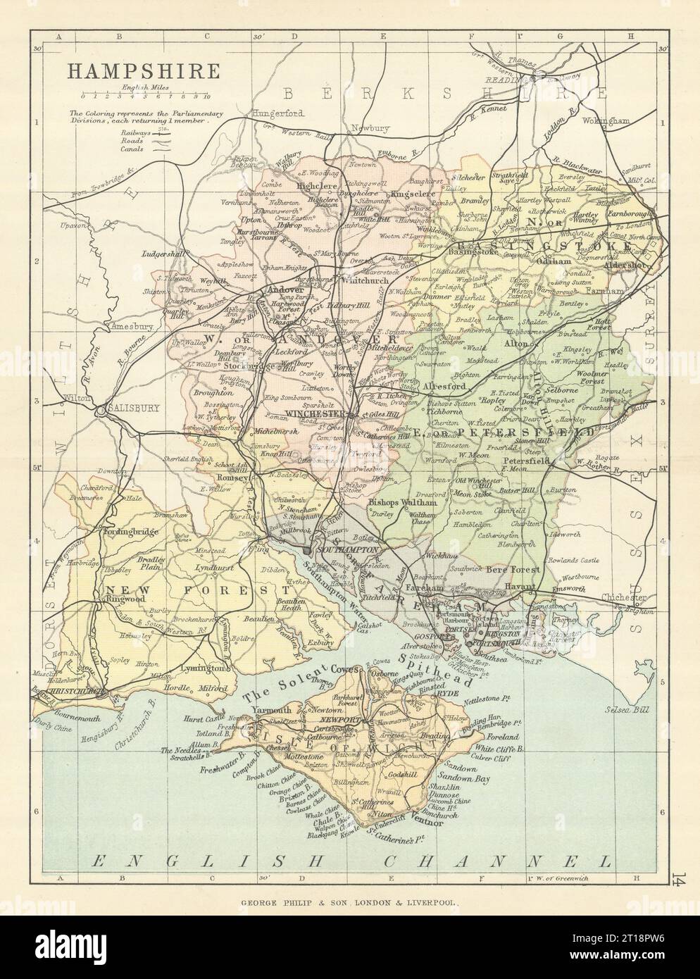HAMPSHIRE. Antique county map. Railways roads canals constituencies ...