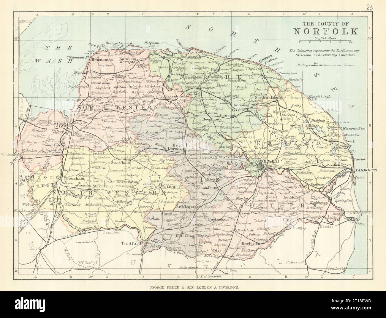NORFOLK. Antique county map. Railways roads canals. Constituencies ...
