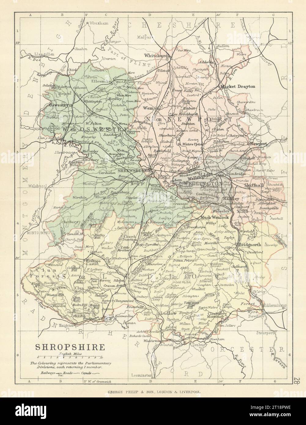 SHROPSHIRE. Antique county map. Railways canals. Constituencies. PHILIP ...