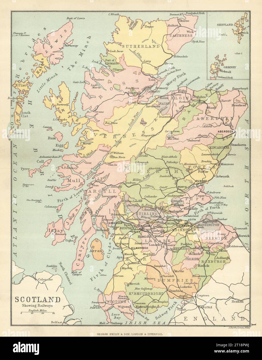 'Scotland showing Railways' & counties. BARTHOLOMEW 1886 old antique ...