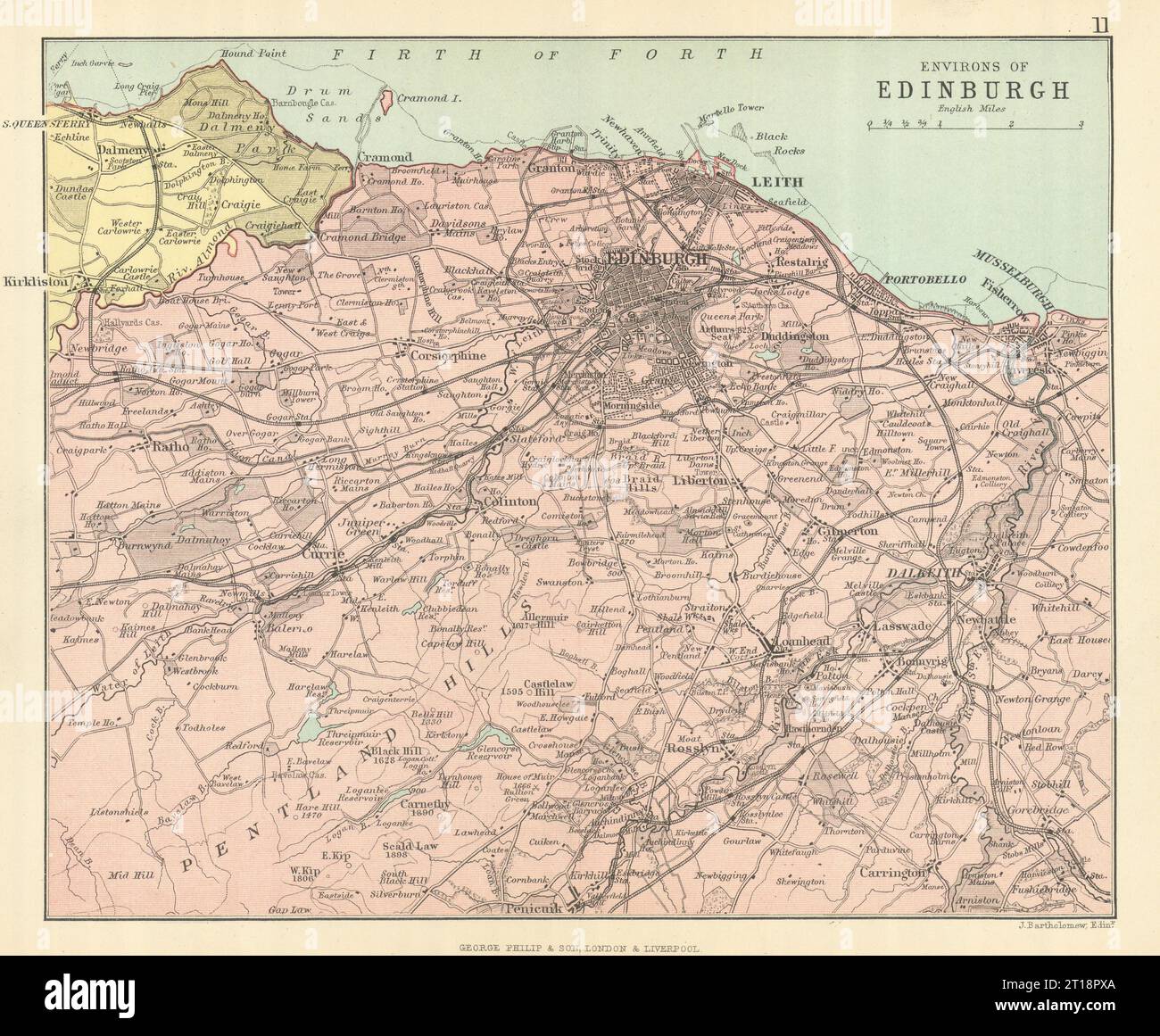 'Environs of Edinburgh'. Parishes. BARTHOLOMEW 1886 old antique map ...
