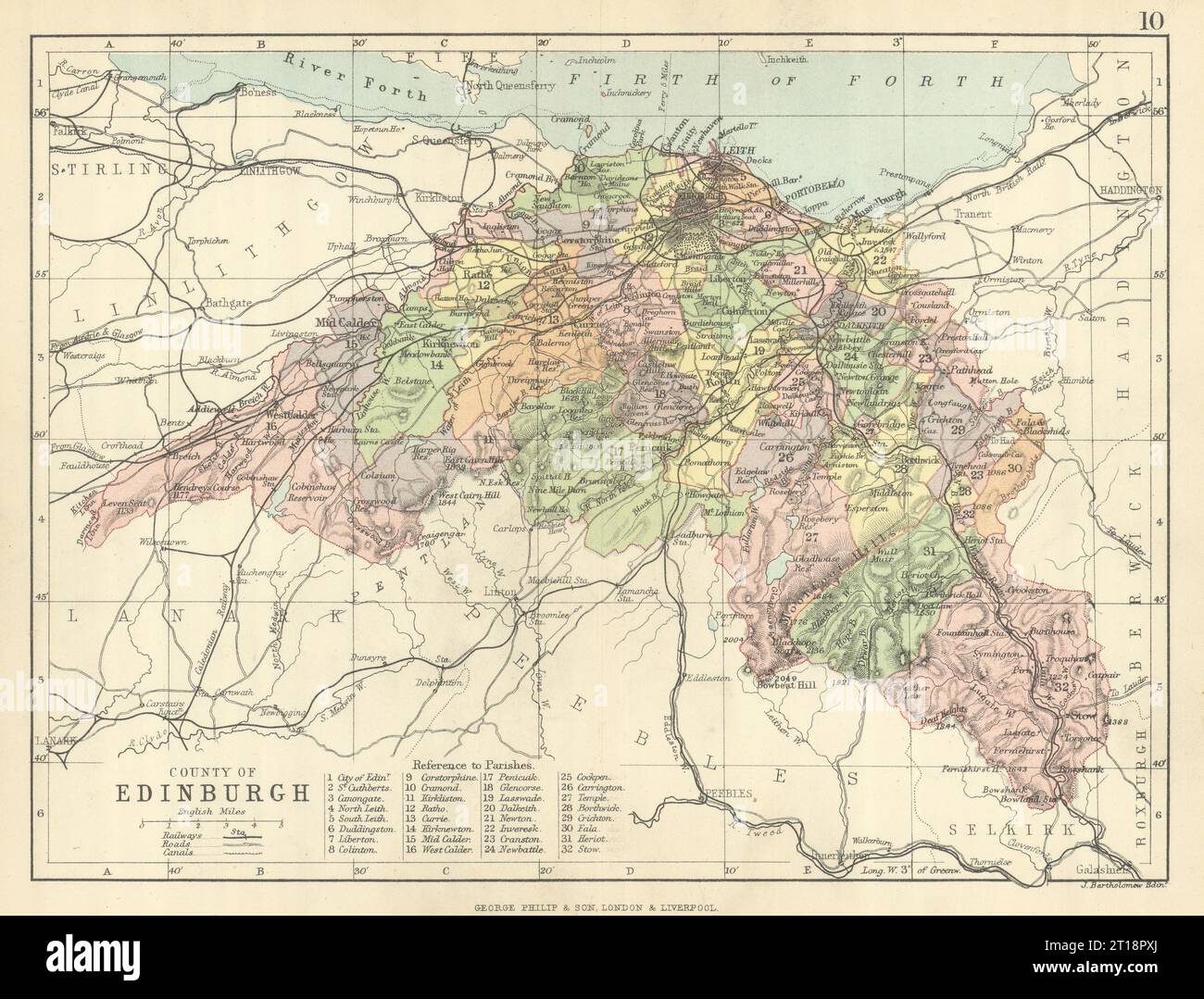 'County of Edinburgh'. Edinburghshire. Parishes. BARTHOLOMEW 1886 old ...