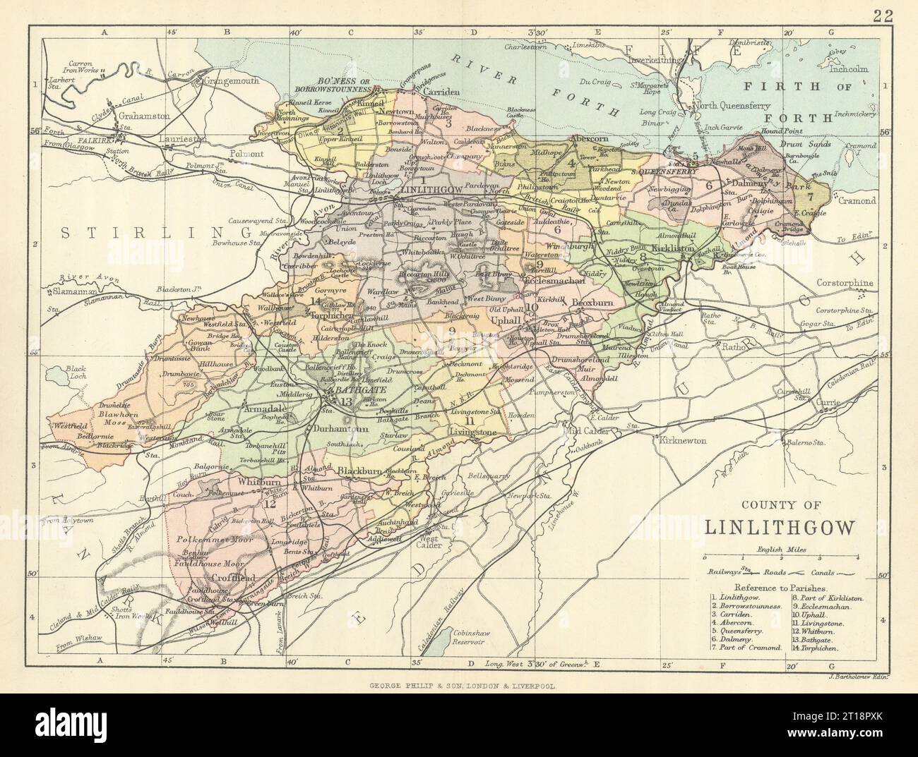 'County of Linlithgow'. Linlithgowshire. Parishes. BARTHOLOMEW 1886 old ...