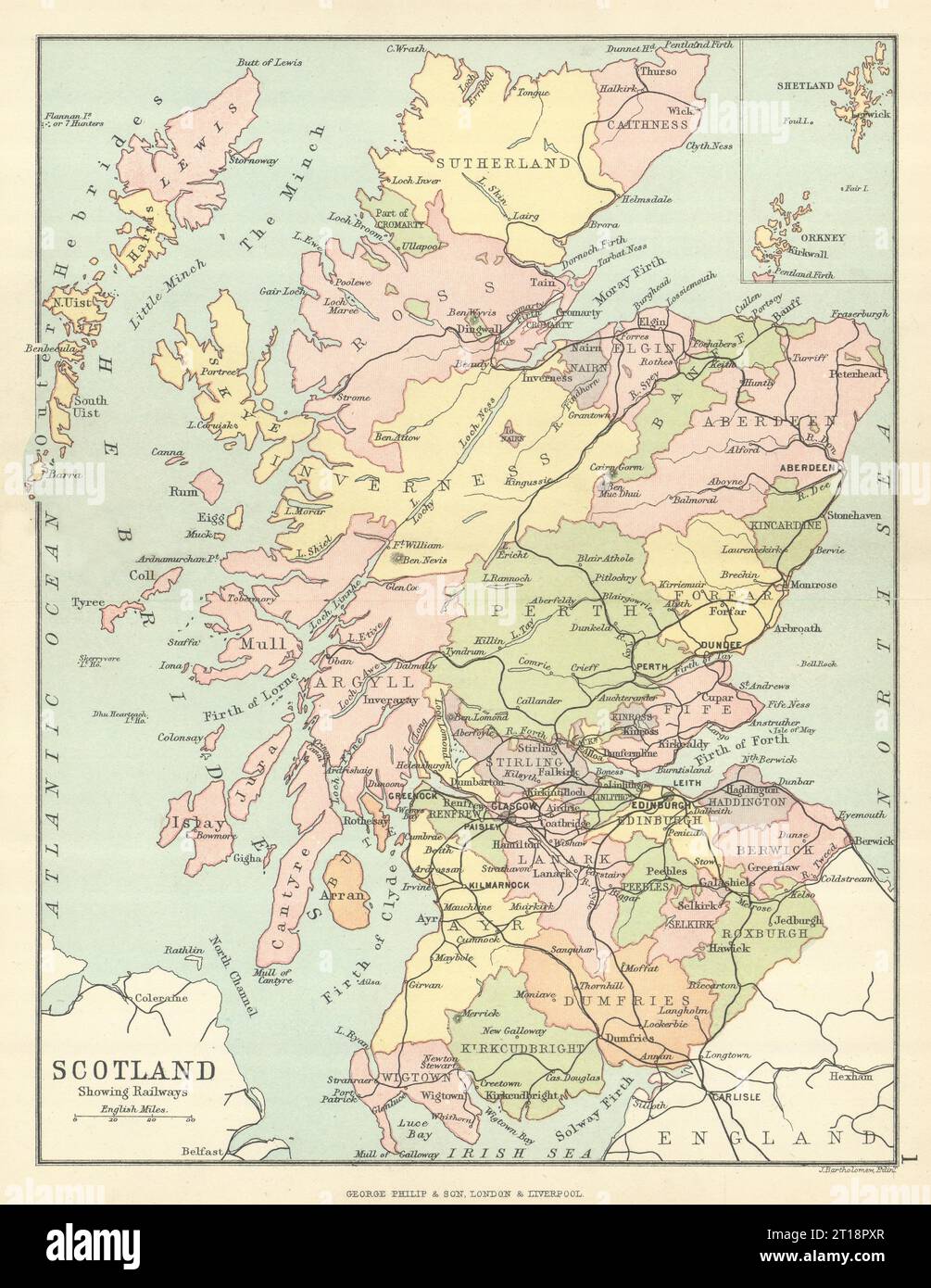 'Scotland showing Railways' & counties. BARTHOLOMEW 1888 old antique ...