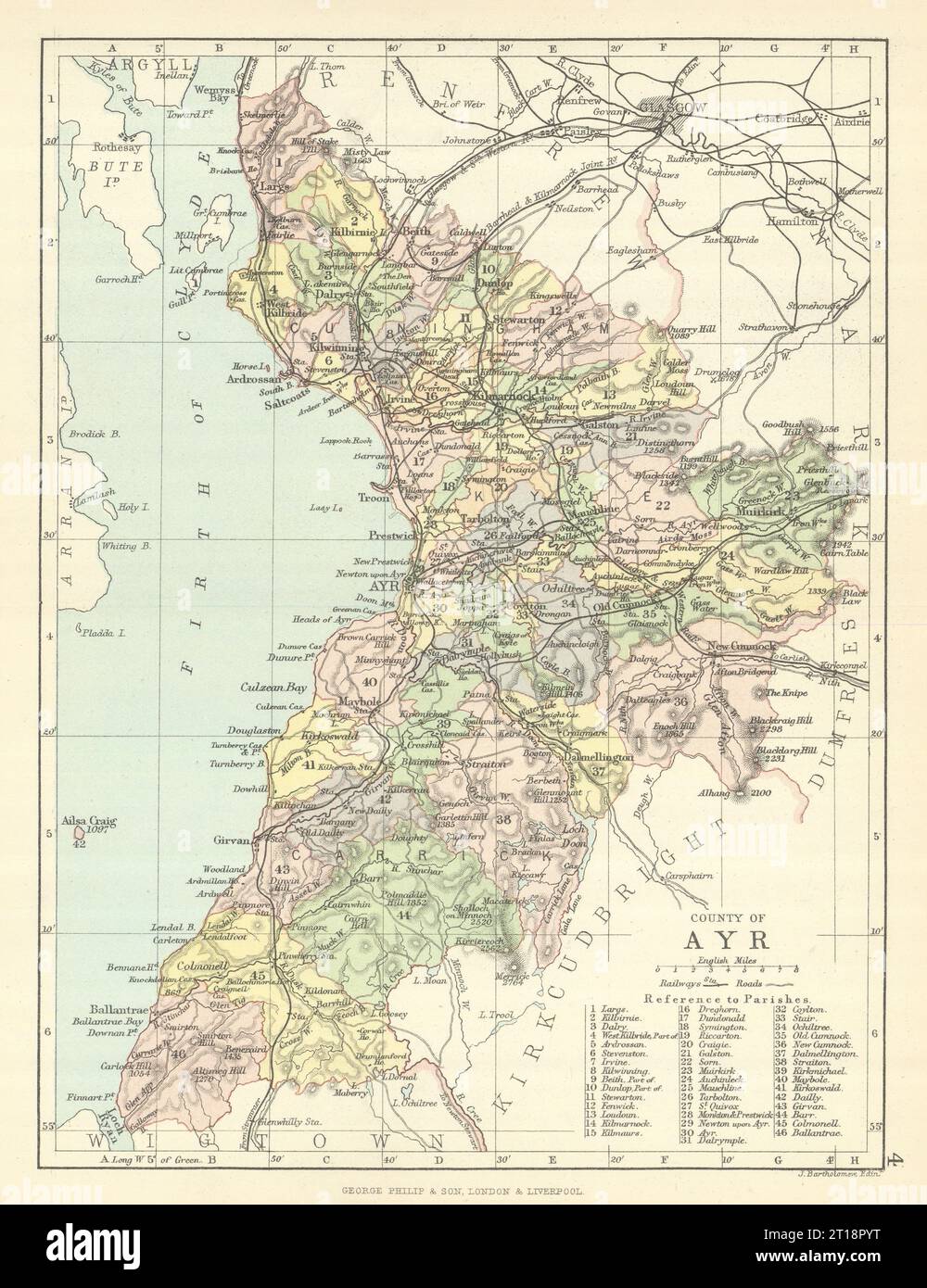'County of Ayr'. Ayrshire. Parishes. BARTHOLOMEW 1888 old antique map ...