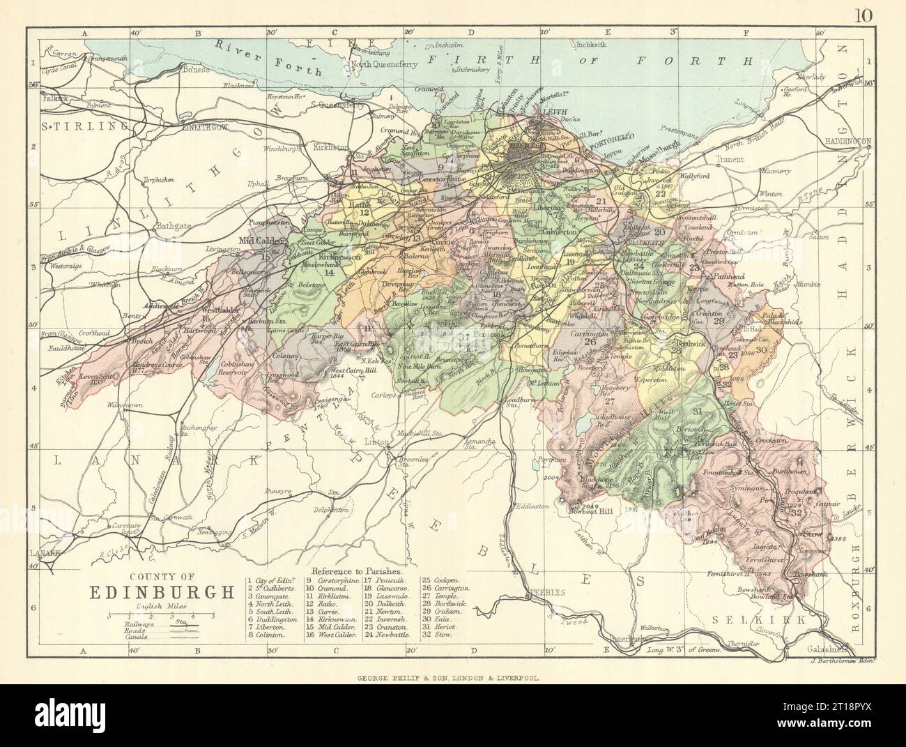 'County of Edinburgh'. Edinburghshire. Parishes. BARTHOLOMEW 1888 old ...