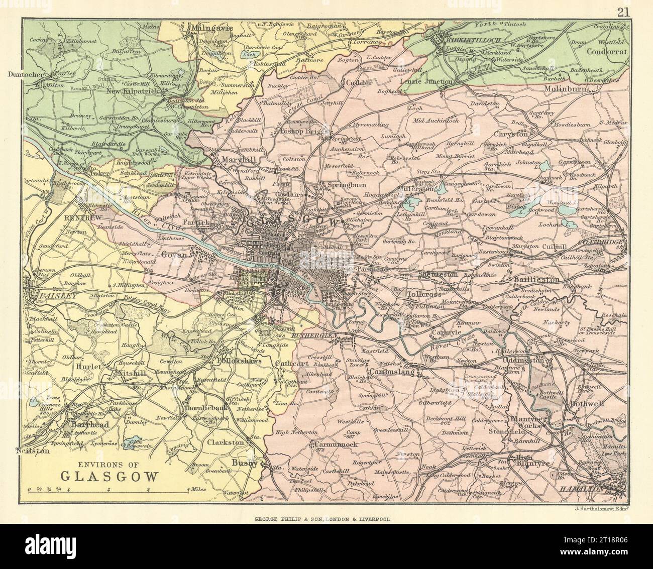 'Environs of Glasgow'. Parishes. BARTHOLOMEW 1888 old antique map plan ...