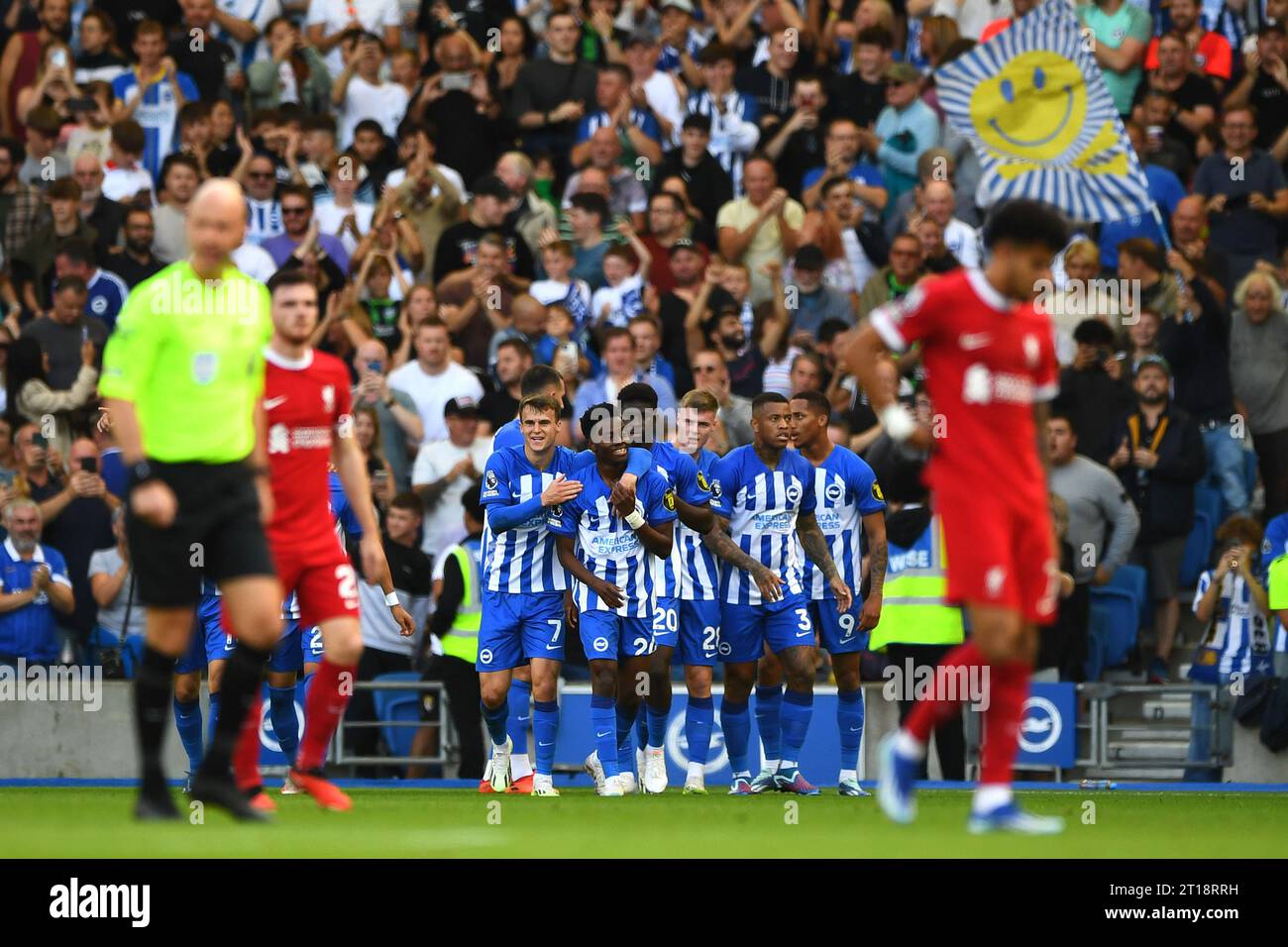 Simon Adingra of Brighton and Hove Albion celebrates scoring his teams ...