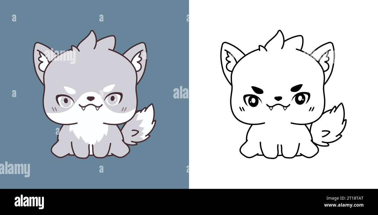 Cute Wolf Clipart Illustration and Black and White. Kawaii Clip Art ...