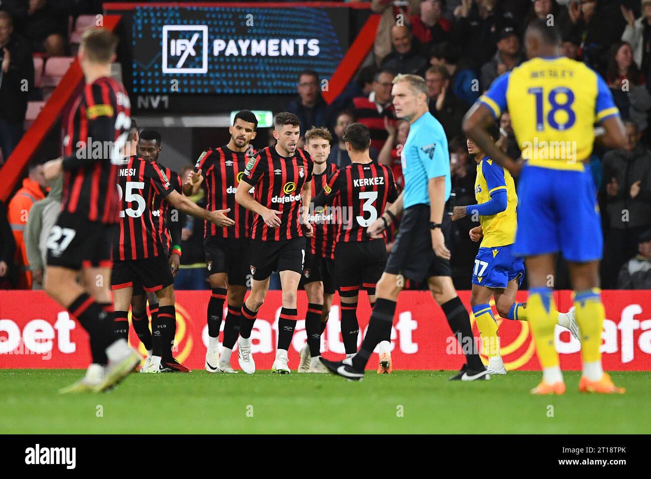Dominic Solanke of AFC Bournemouth celebrates scoring his teams first ...