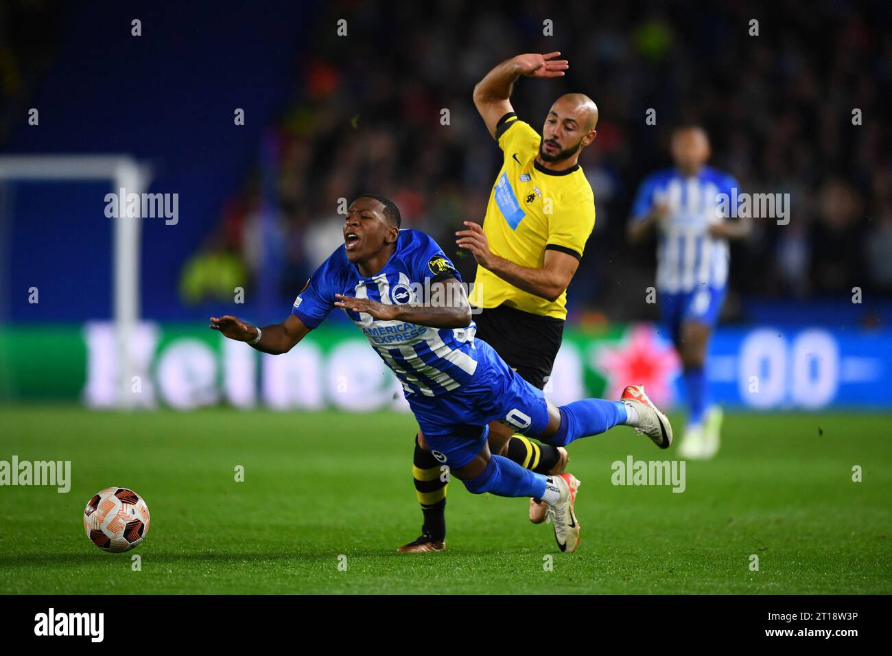 Pervis Estupinan of Brighton and Hove Albion and Nordin Amrabat of AEK ...