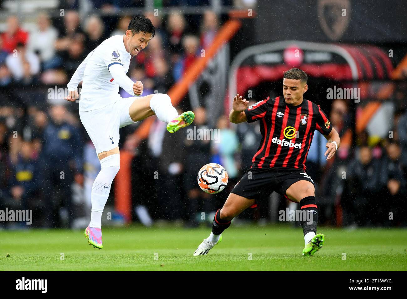 Son Heung-Min of Tottenham Hotspur and Milos Kerkez of AFC Bournemouth ...