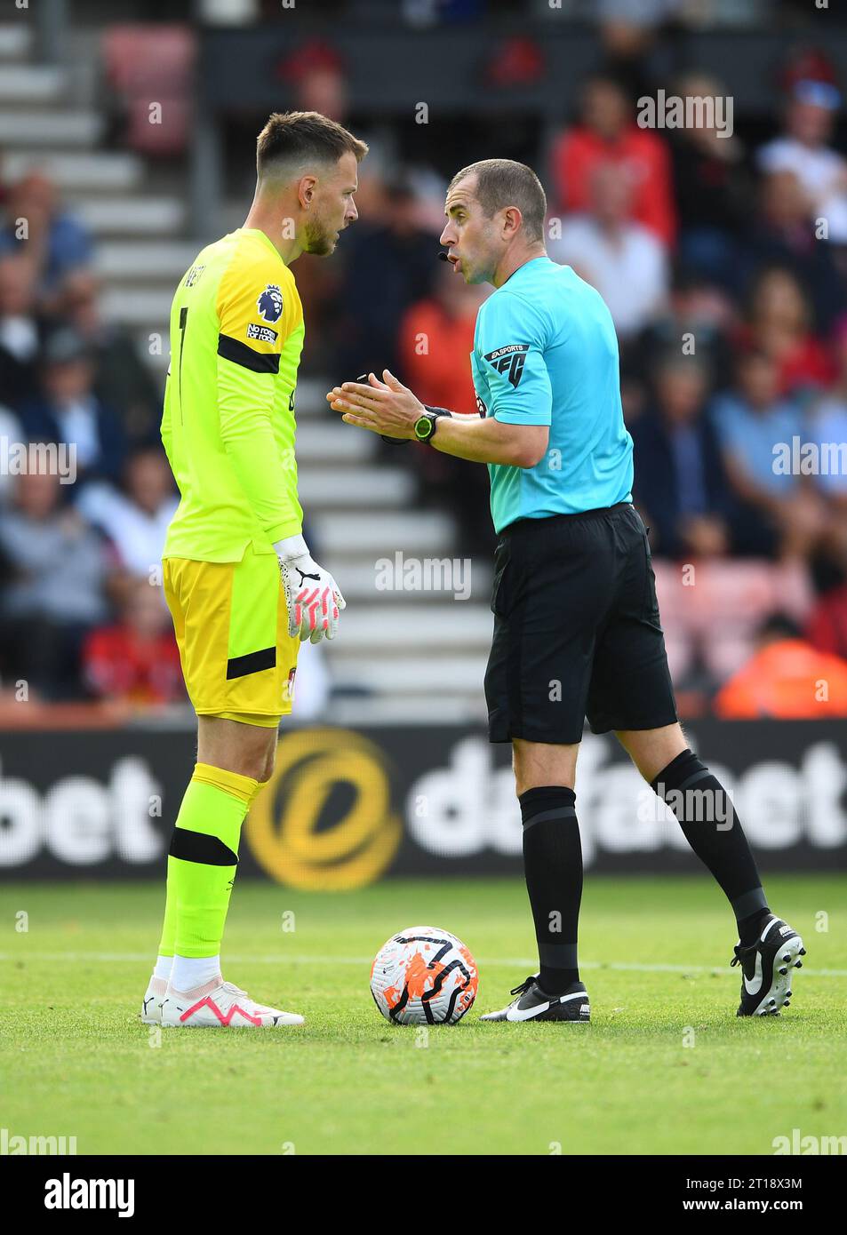 Neto of AFC Bournemouth and referee Peter Bankes - AFC Bournemouth v ...
