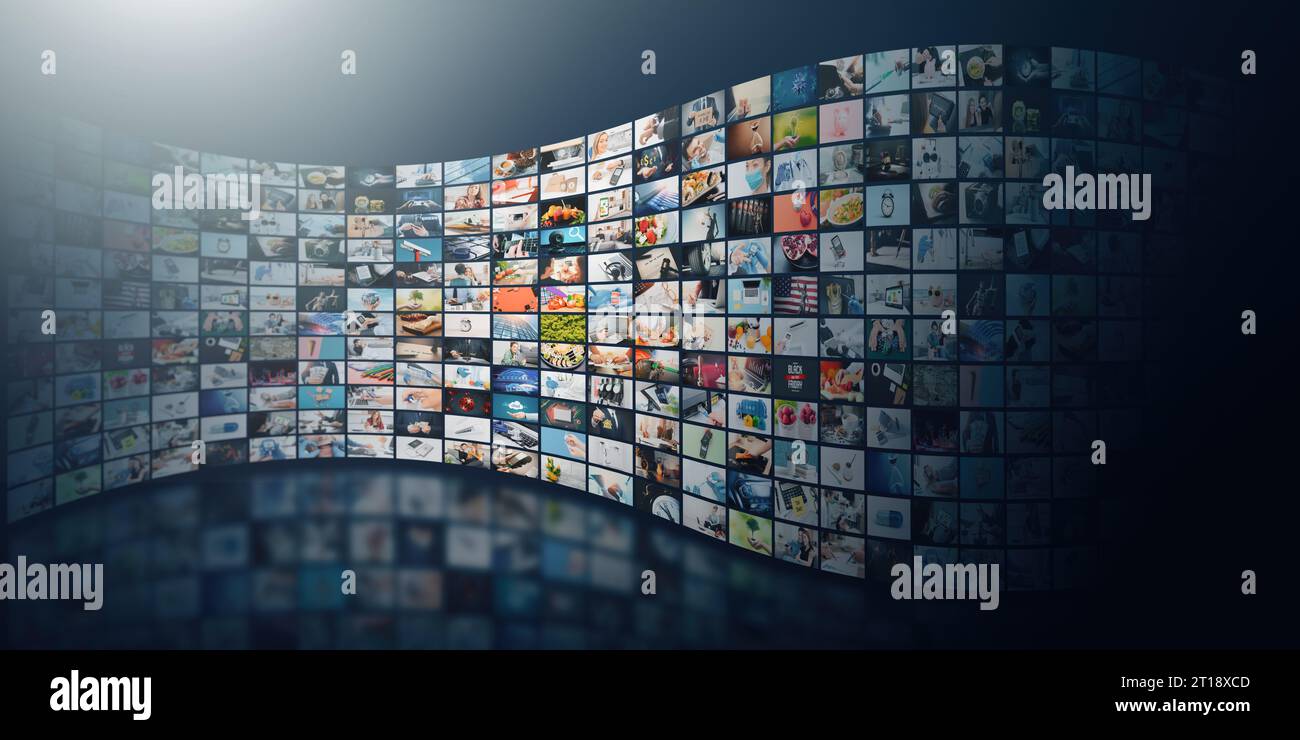 Multimedia video wall television broadcast. Multiple television screens ...