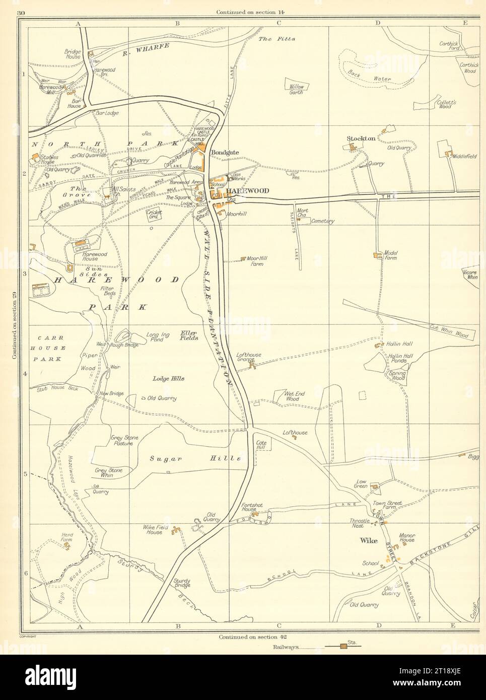 YORKSHIRE Harewood Wike Harewood Stockton Bondgate 1935 old vintage map ...