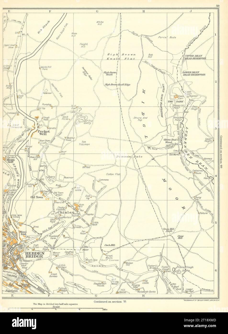 HEBDEN BRIDGE Pecket Well Chisley Luddenden Dean Gib Stack 1935 old map ...