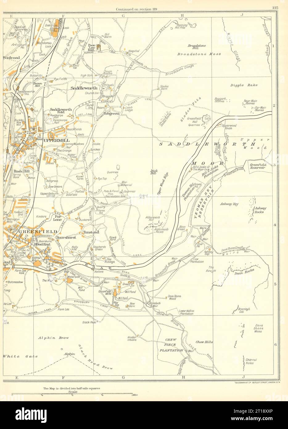 YORKSHIRE Saddleworth Uppermill Greenfield Chew Hills Tunstead Dobcross 1935 map Stock Photo - Alamy