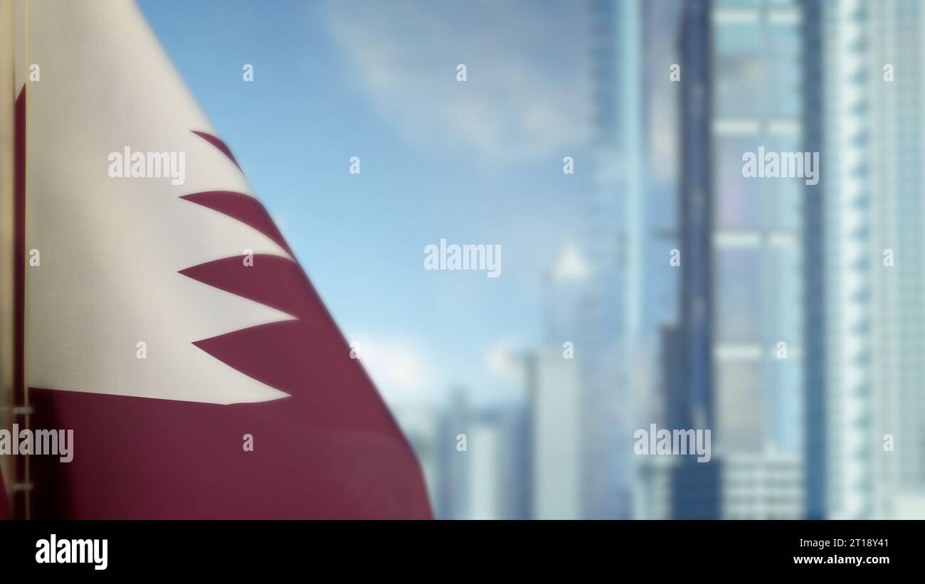 flag of Qatar on modern city architecture bokeh backdrop for memorial ...
