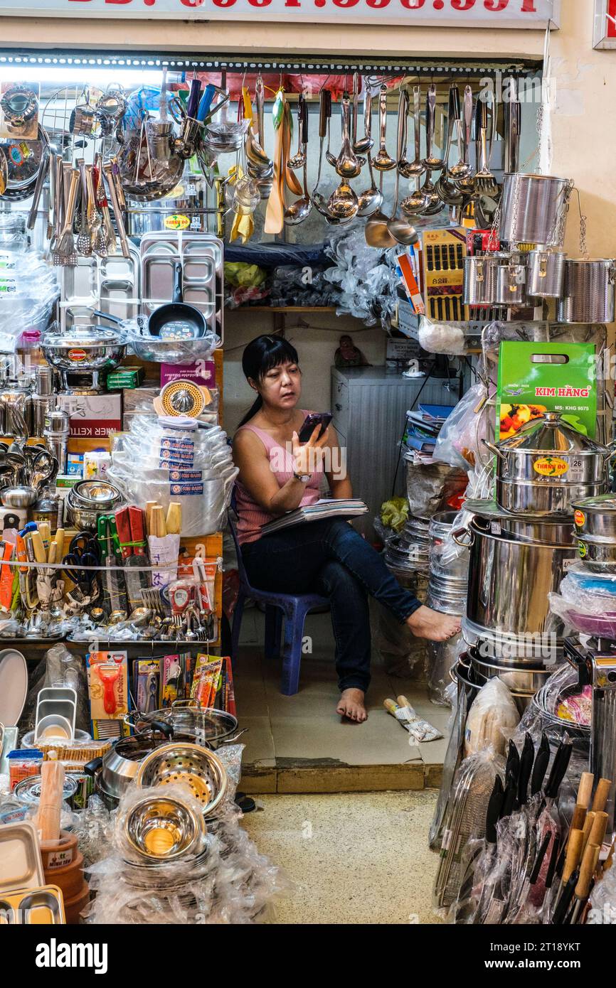 Binh Tay Market Scene, Overhead View, Vendor of Kitchen Utensils, Ho ...