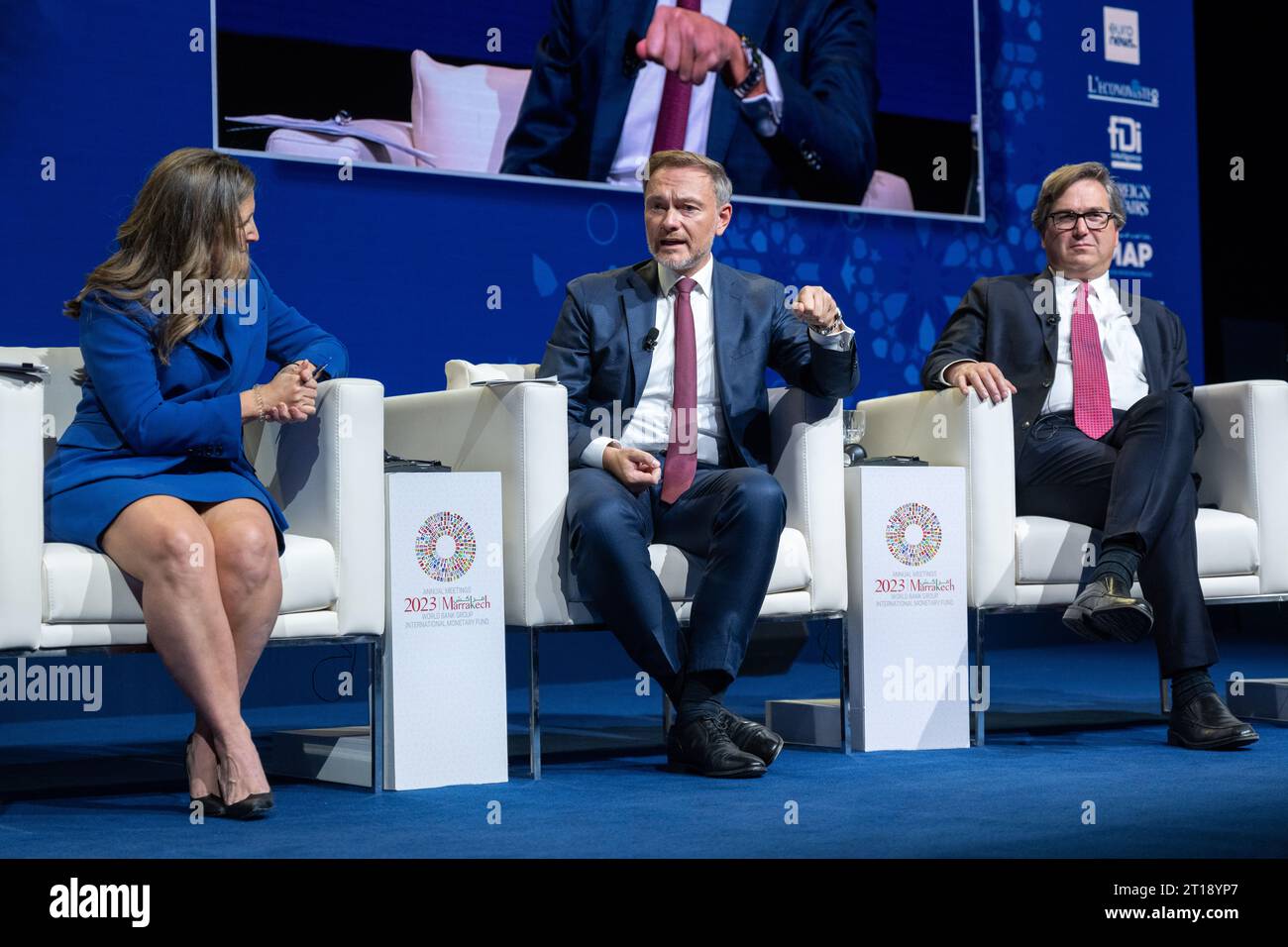 Marrakesch, Morocco. 12th Oct, 2023. Chrystia Freeland (l-r), finance ...