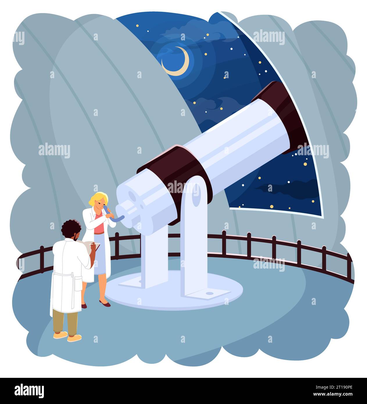 Scientists looking on starry night sky through telescope in observatory ...