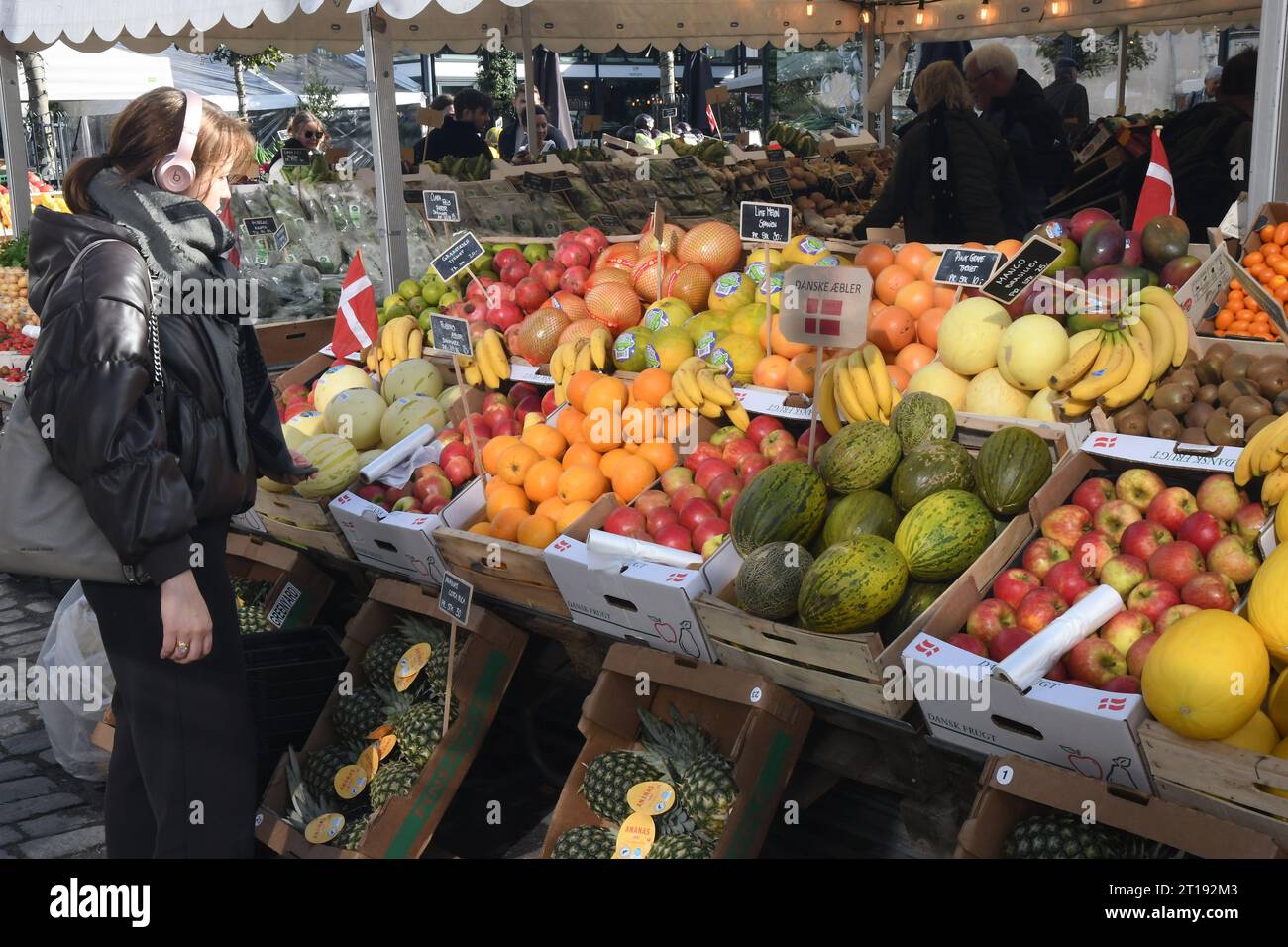 Copenhagen, Denmark /12 October. 2023/Shoppers at farmers, market in ...