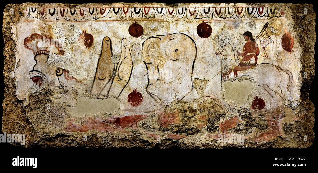 A rider and the different elements of his armour, Lucanian fresco from ...