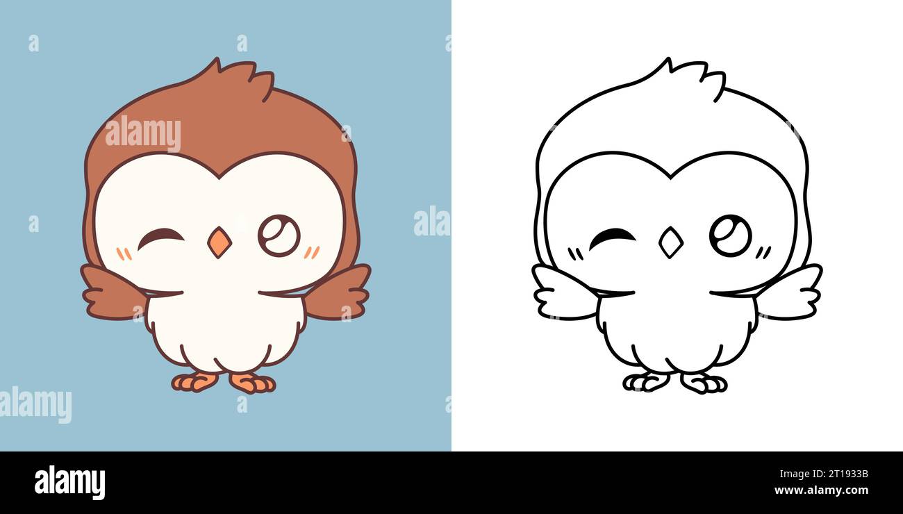 Set Vector Owl Multicolored and Black and White. Kawaii Clip Art Bird ...