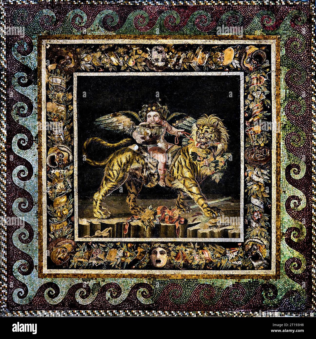 Acratus riding a lion, floor mosaic in the House of the Faun, Pompeian ...