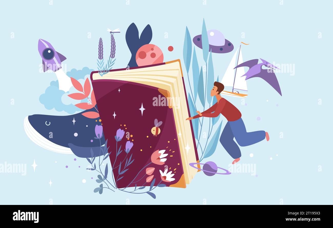 Inspiration from reading books vector illustration. Cartoon happy tiny ...