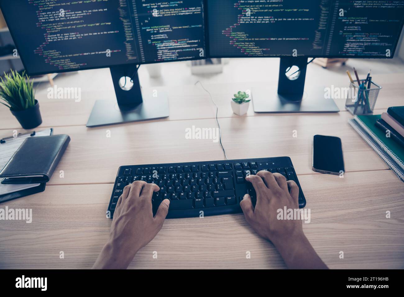 Close Up Pov Programmer Working Typing Keyboard Coding Screen Monitor Computer Web Development