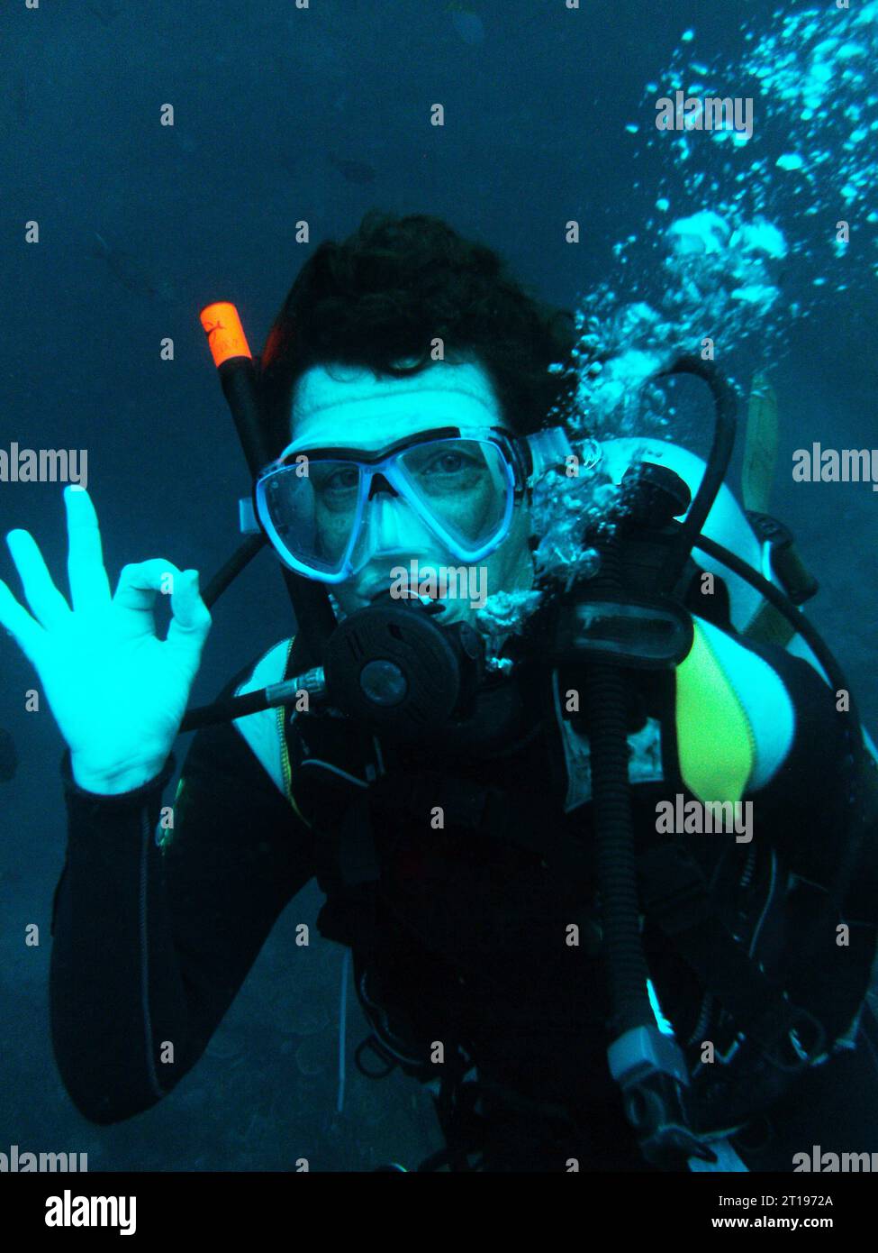 Woman giving OK sign while scuba diving, Sipadan, Borneo, Malaysia ...