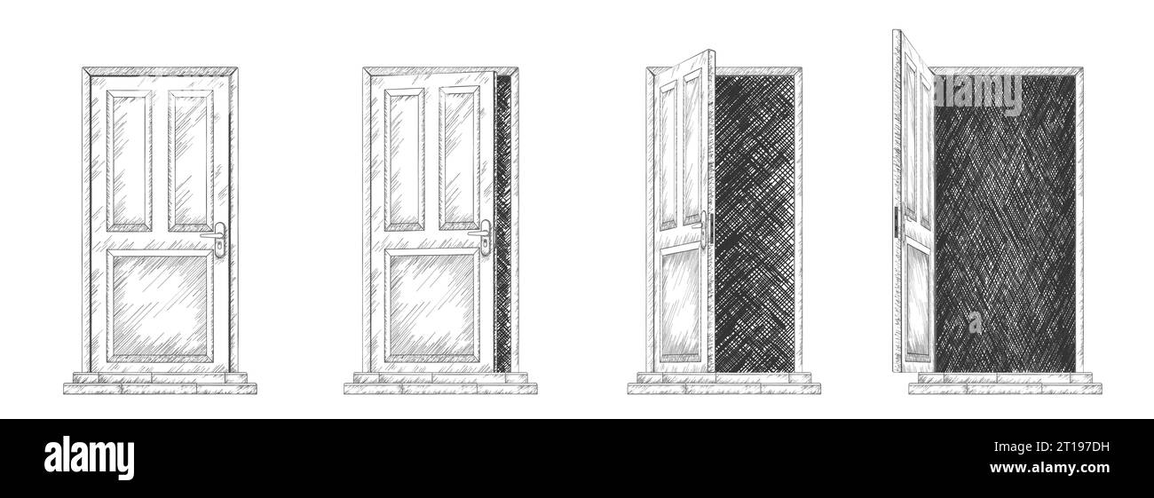 Door opening sequence, set of line sketches vector illustration ...