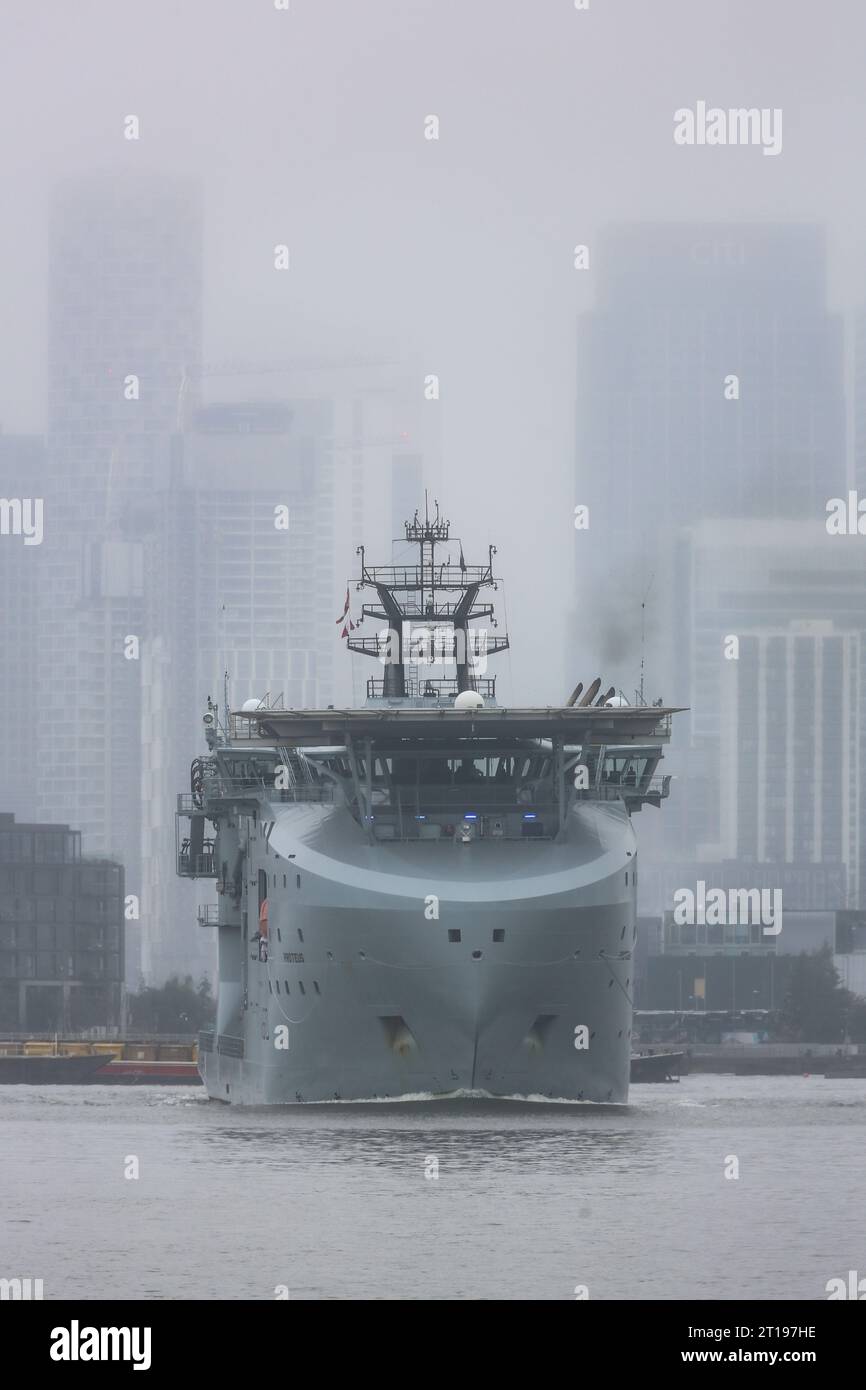 London, United Kingdom. 12th October 2023. RFA Proteus pictured heading ...