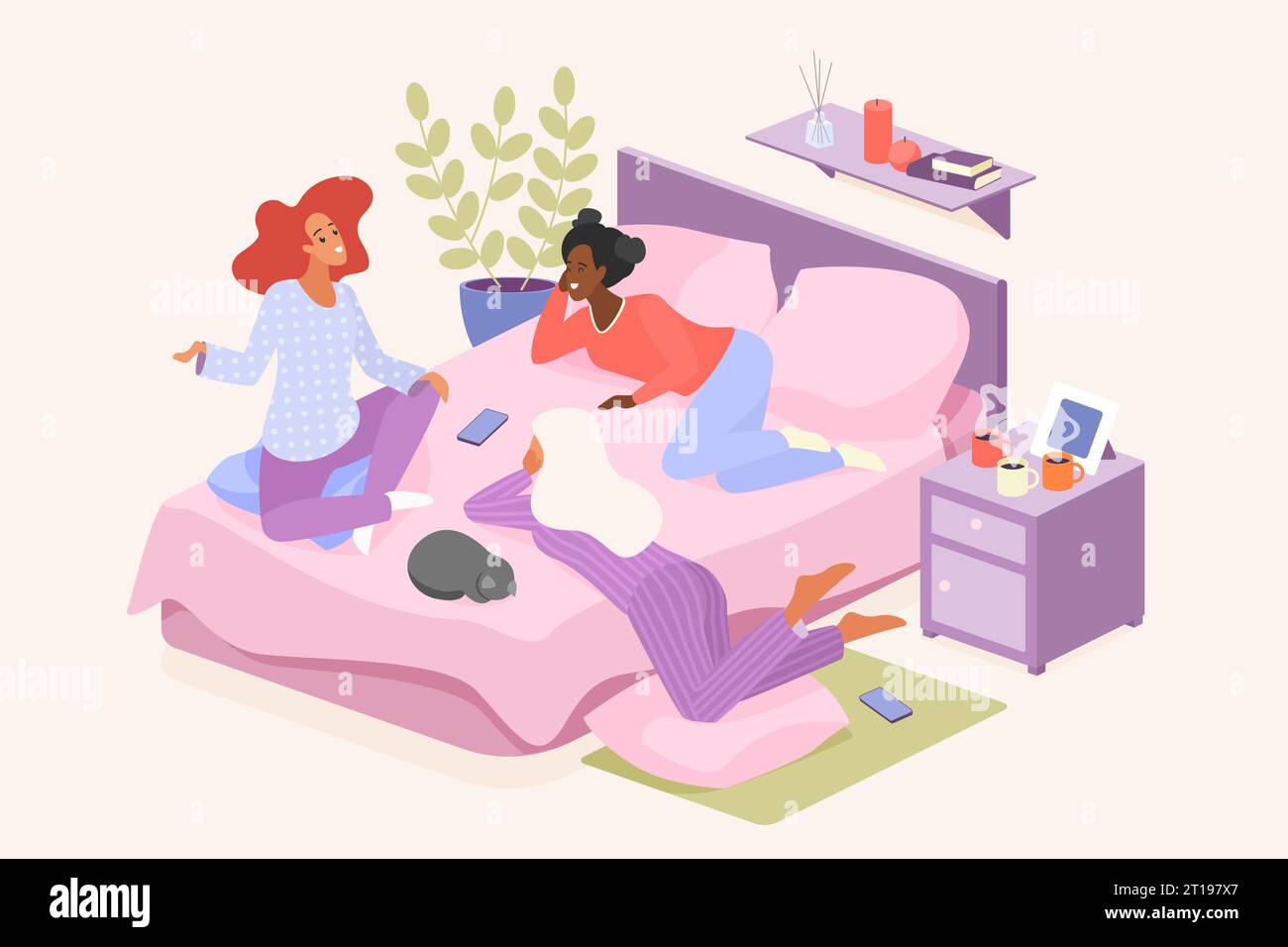Girls friends talk on pajama party or sleepover in bedroom vector ...