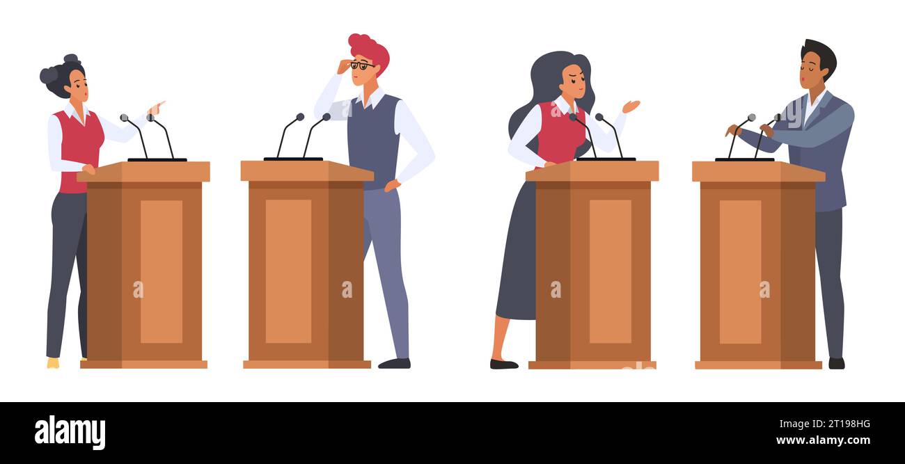 Debates Between Two Speakers On Rostrums Set Vector Illustration