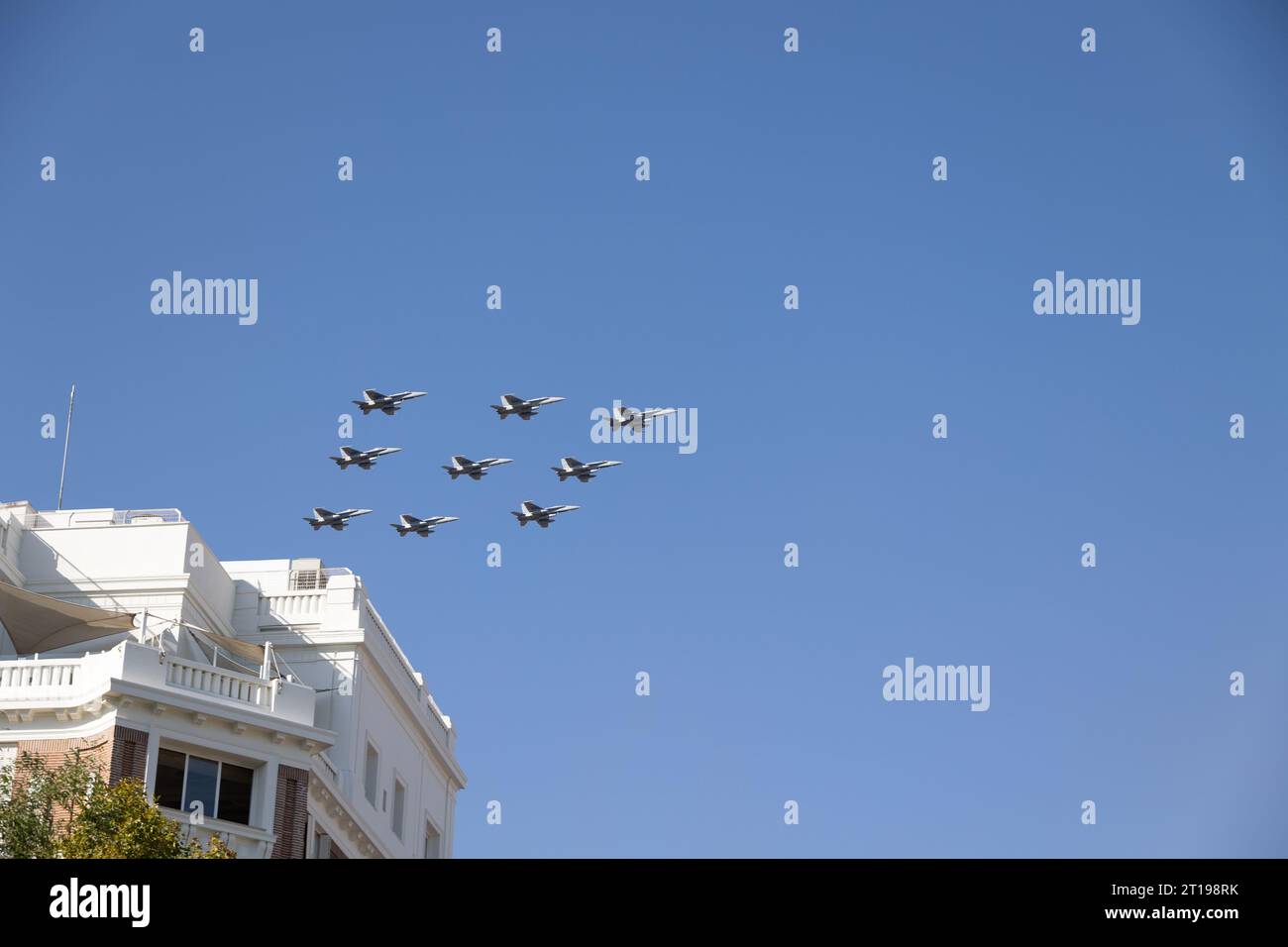 Madrid, Spain. 12th Oct 2023. The Eagle Patrol of Air Force flying over ...