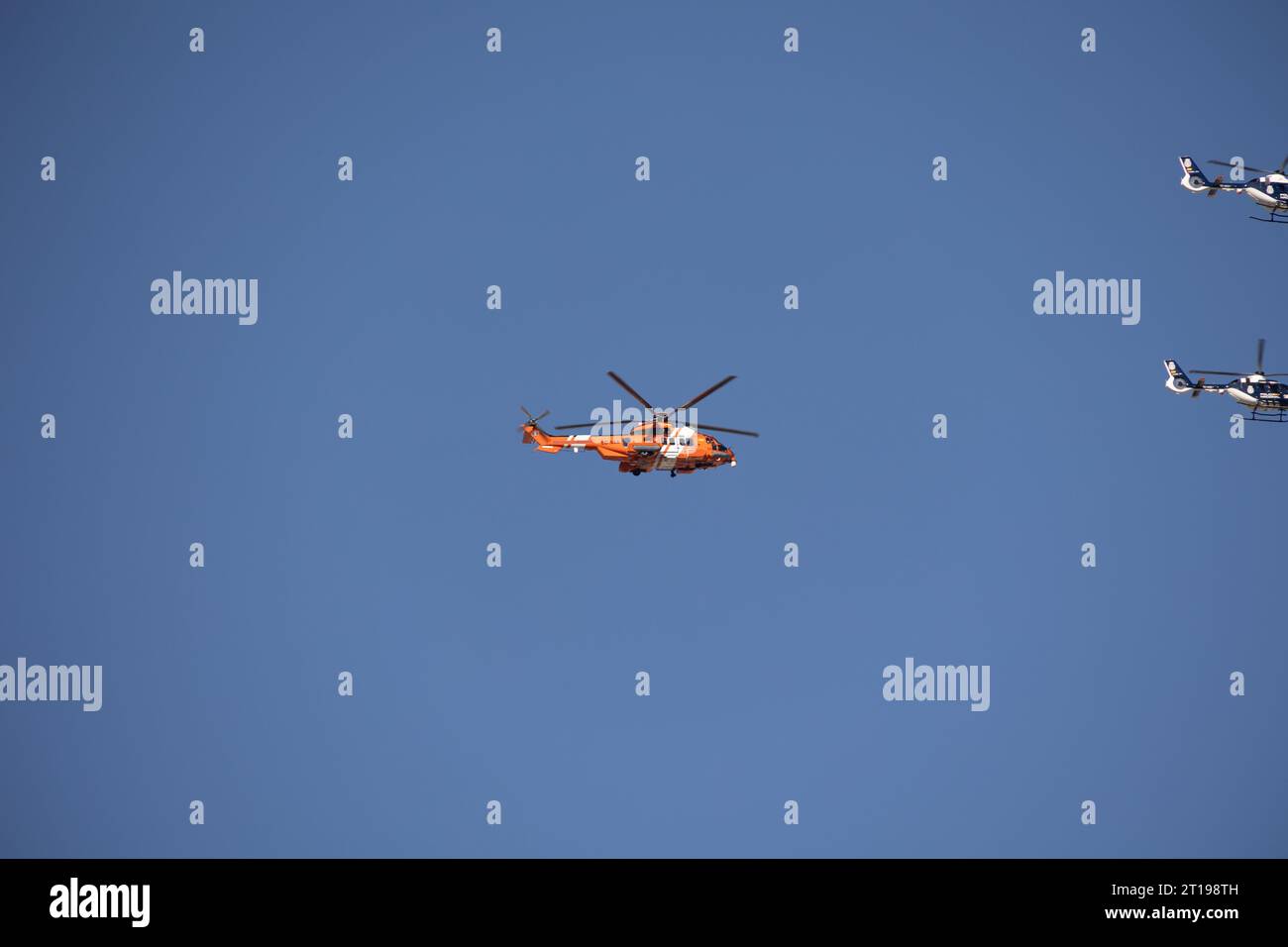 Madrid, Spain. 12th Oct 2023. The Eagle Patrol of Air Force flying over ...