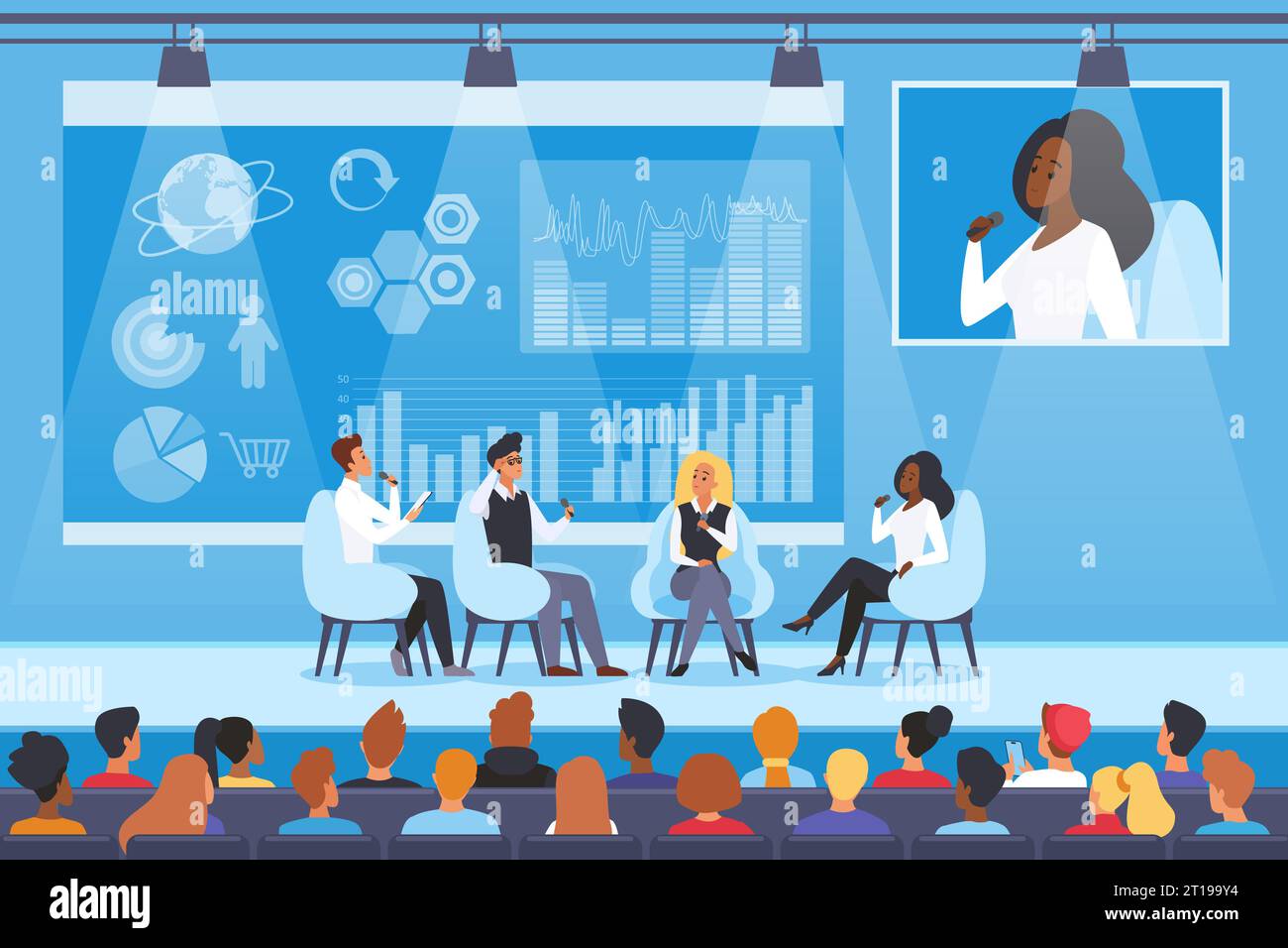 Scientific seminar, lecture or conference with presentation in front of audience vector ...