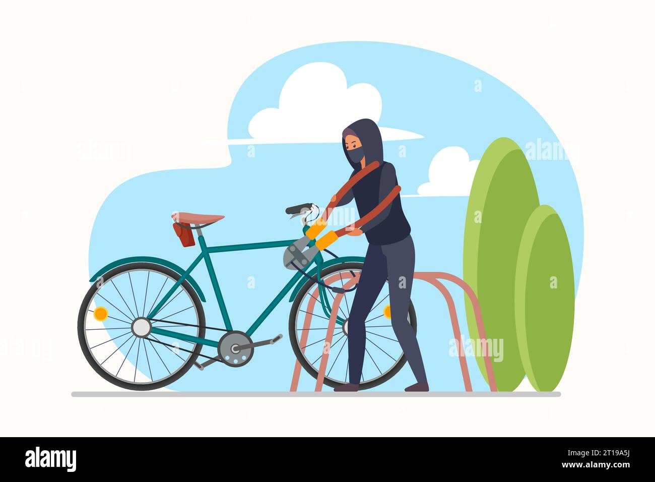 Bicycle theft by thief on city street vector illustration. Cartoon male ...