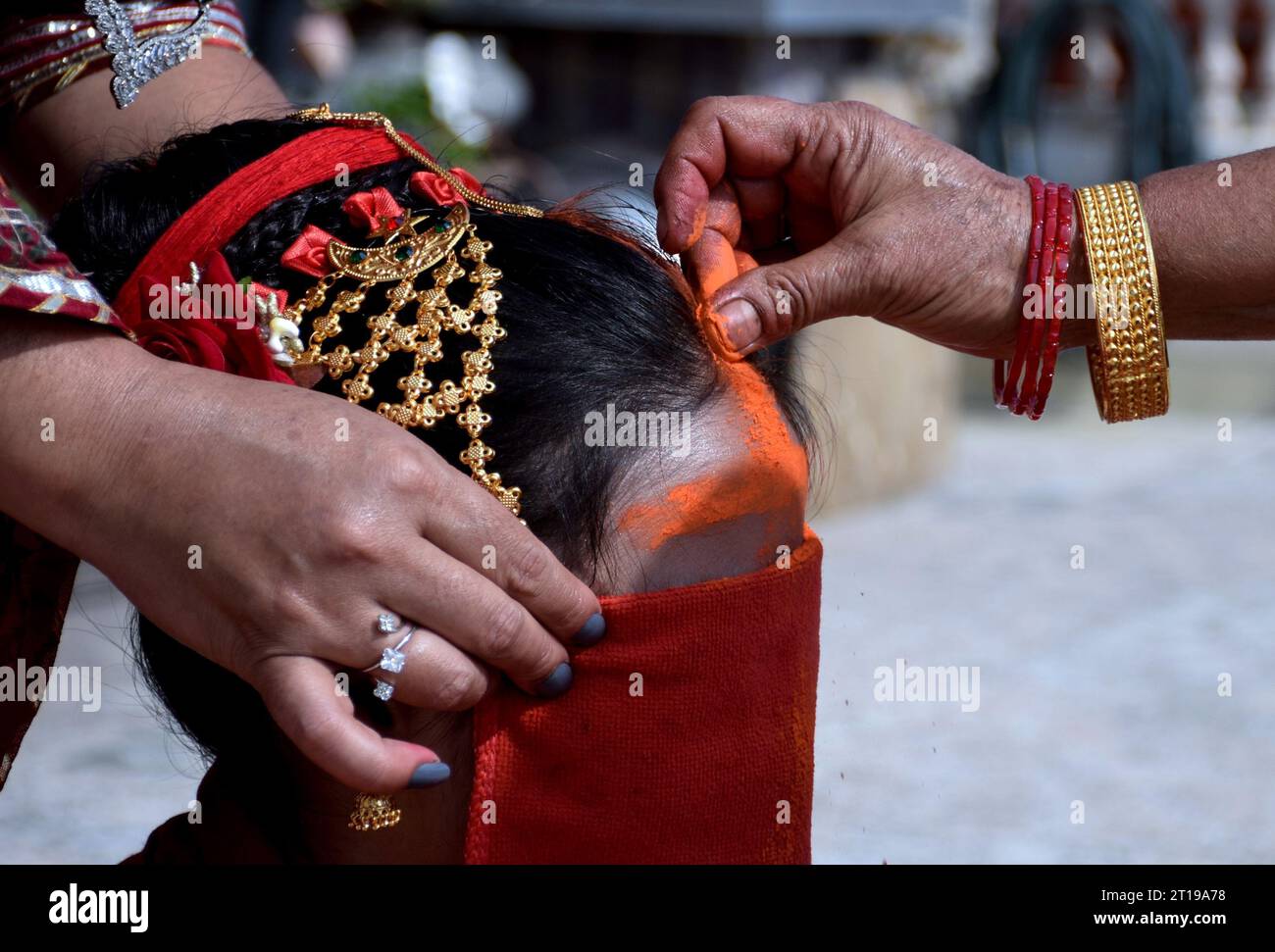 Lalitpur, Bagmati, Nepal. 12th Oct, 2023. A girl from Newar community ...