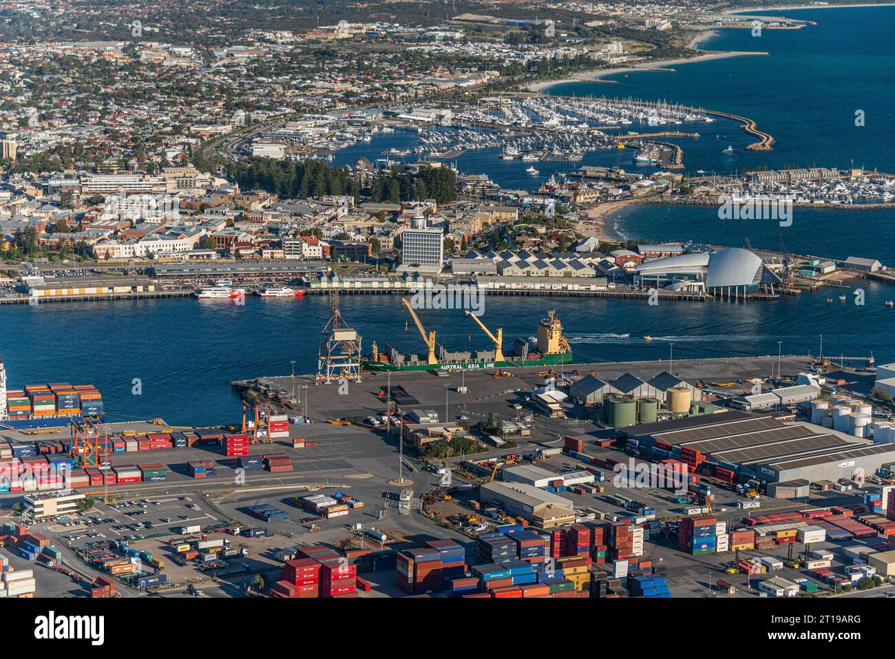 An aerial view of the port of Fremantle in Western Australia, showing ...