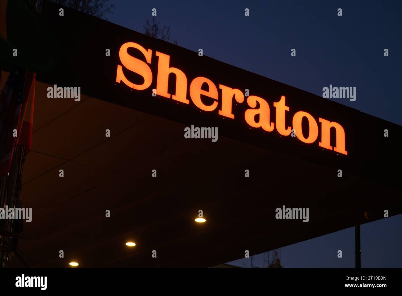 Lisbon, Portugal - January 6, 2023: Illuminated sign of the Sheraton ...
