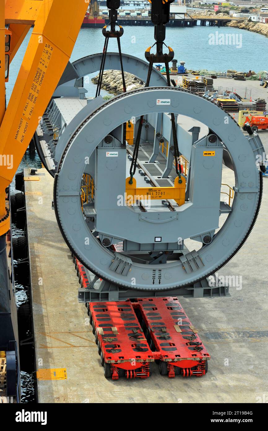 A newly constructed rail car dumper being loaded on to a shipping ferry ...