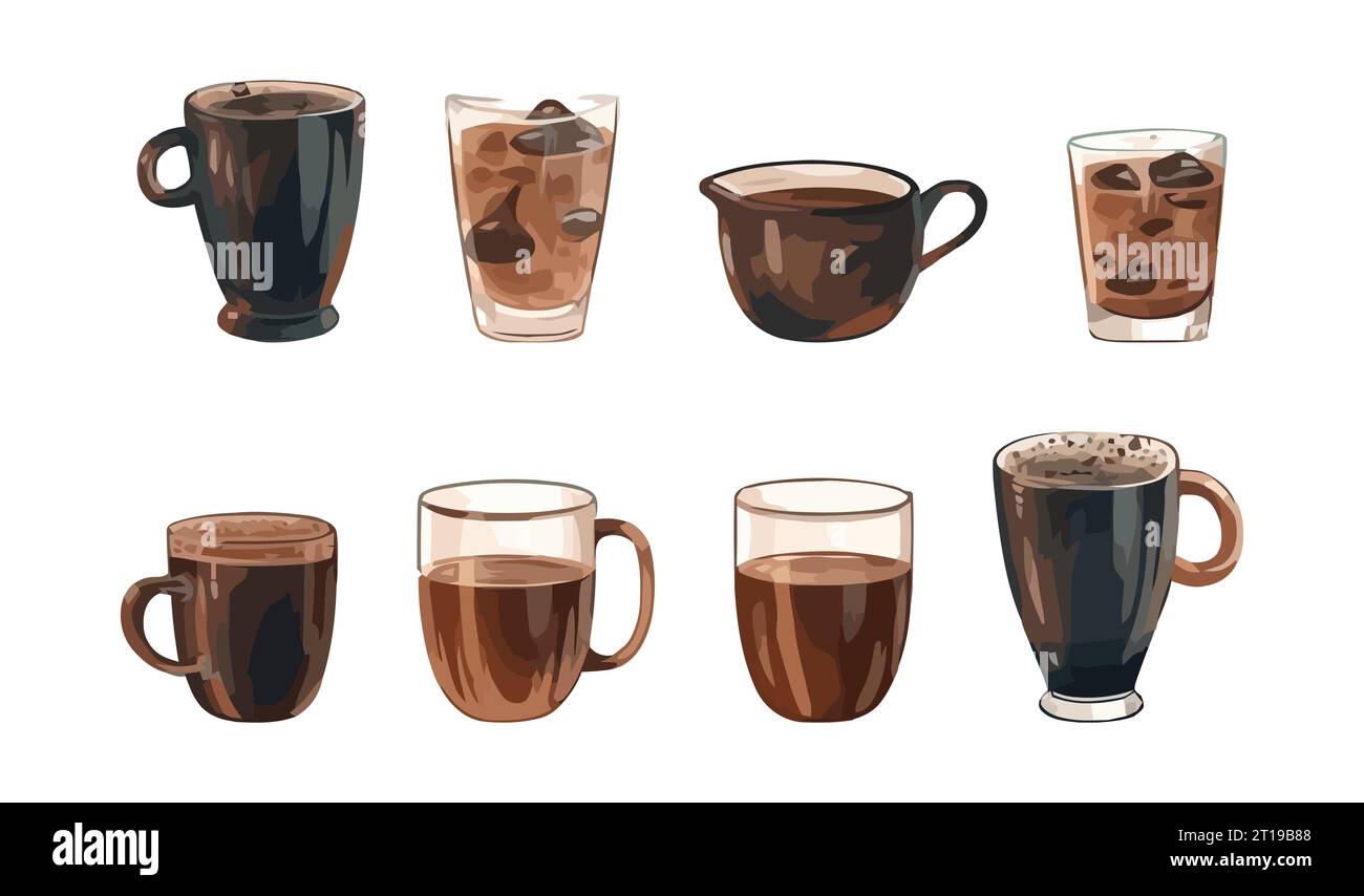 Set of glasses and mugs with coffee, flat cartoon isolated on white ...