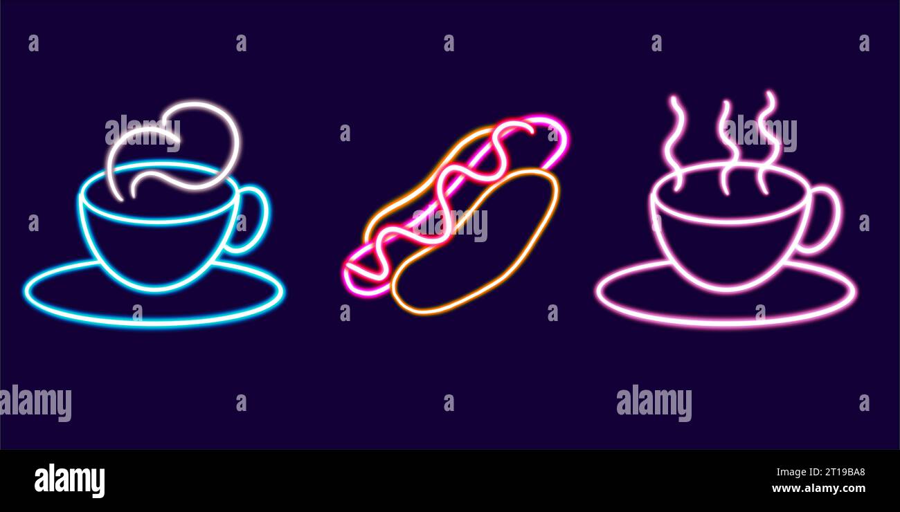 set coffee glowing desktop icon, neon cup sticker, neon hot-dog figure ...