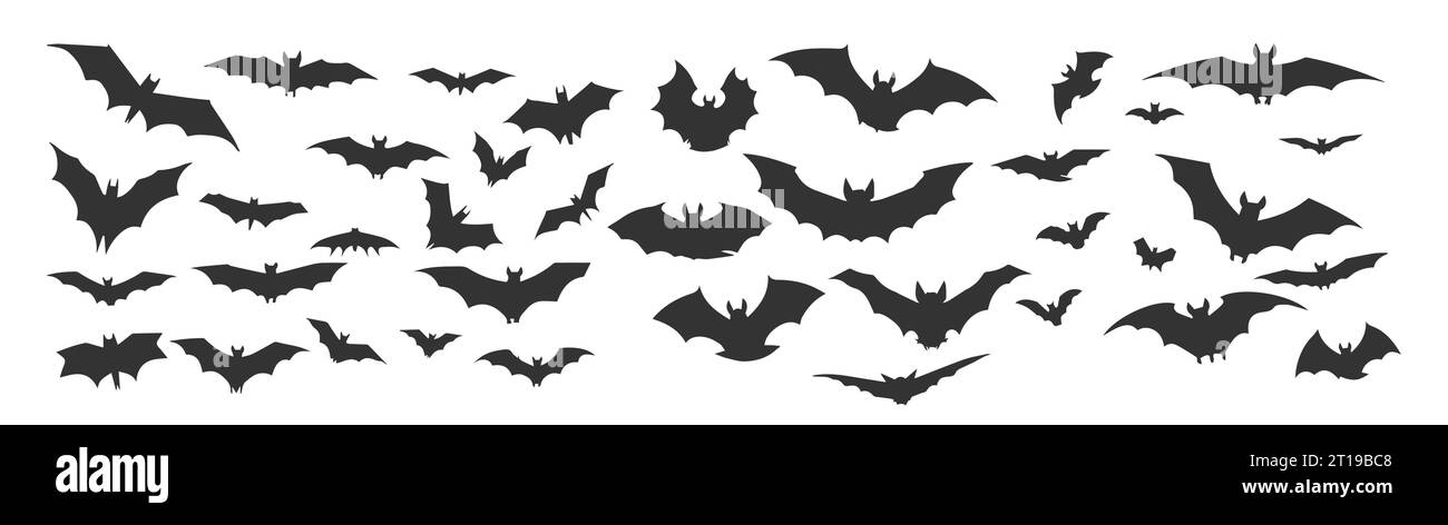 Set of black silhouettes of bats isolated on white background, vector ...