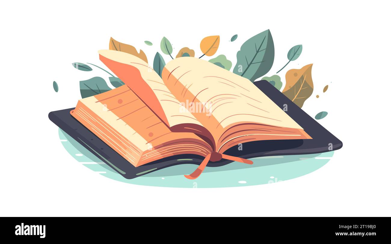 Open book with leaves, flat cartoon isolated on white background ...