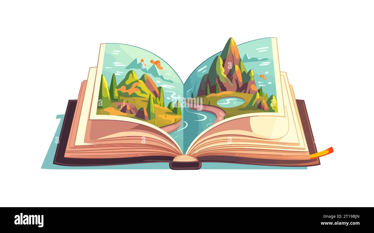 Open book with forest and mountains, flat cartoon isolated on white ...